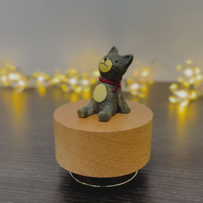 Music Box Handcrafted Wooden Cat